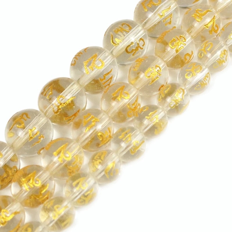 Buddhism Golden Om Mani Padme Hum Mantra White Crystal Round Beads Pick ...