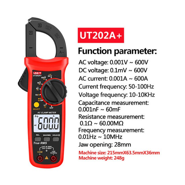 UNI-T Clamp Meter UT202A+ 6000 Counts Digital Clamp Meter True RMS ...