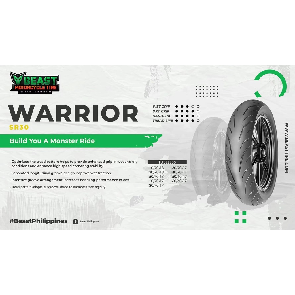 BEAST Motor cycle TIre Warrior SR30 Tubeless Size 13/17 (Free Tire ...