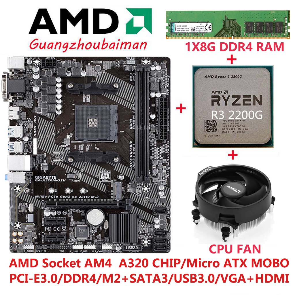 bundle ASUS MSI GIGABYTE ASRock A320 A520 A320M Motherboard AM4 M2 HDMI+8G DDR4 RAM + AMD A10 ...