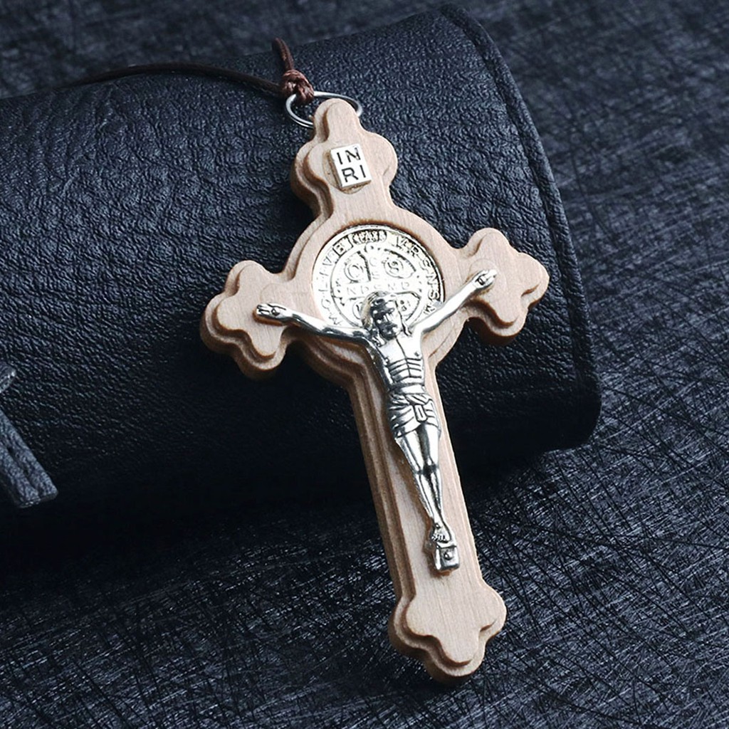 Religious Big Latin Catholic Crucifix Wooden Cross Pendant Necklace ...