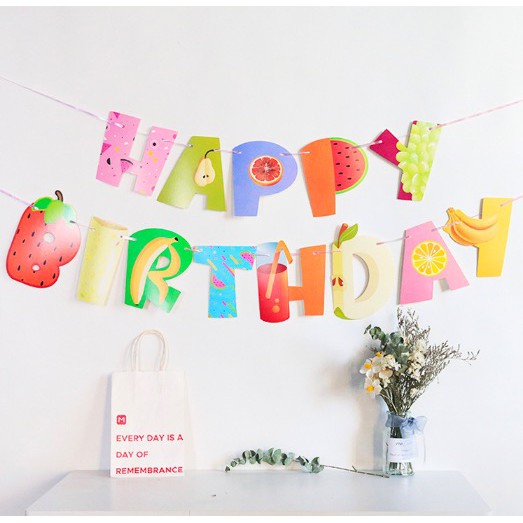 Dreamlike summer fruit theme happy birthday cardboard banner set with ...