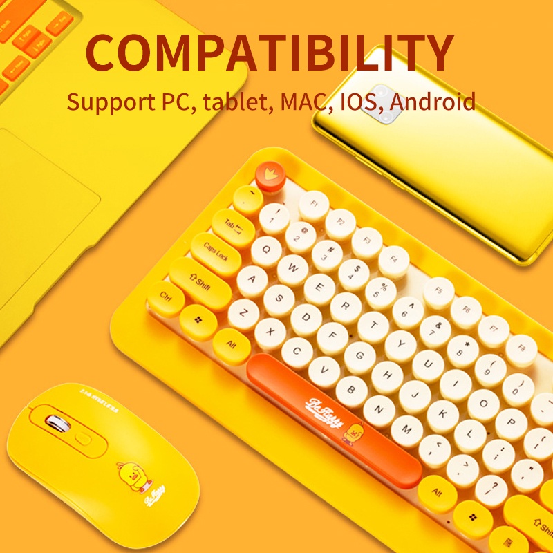 2.4ghz Wireless Keyboard Mouse Cute Retro Round Detachable Keycap Set ...