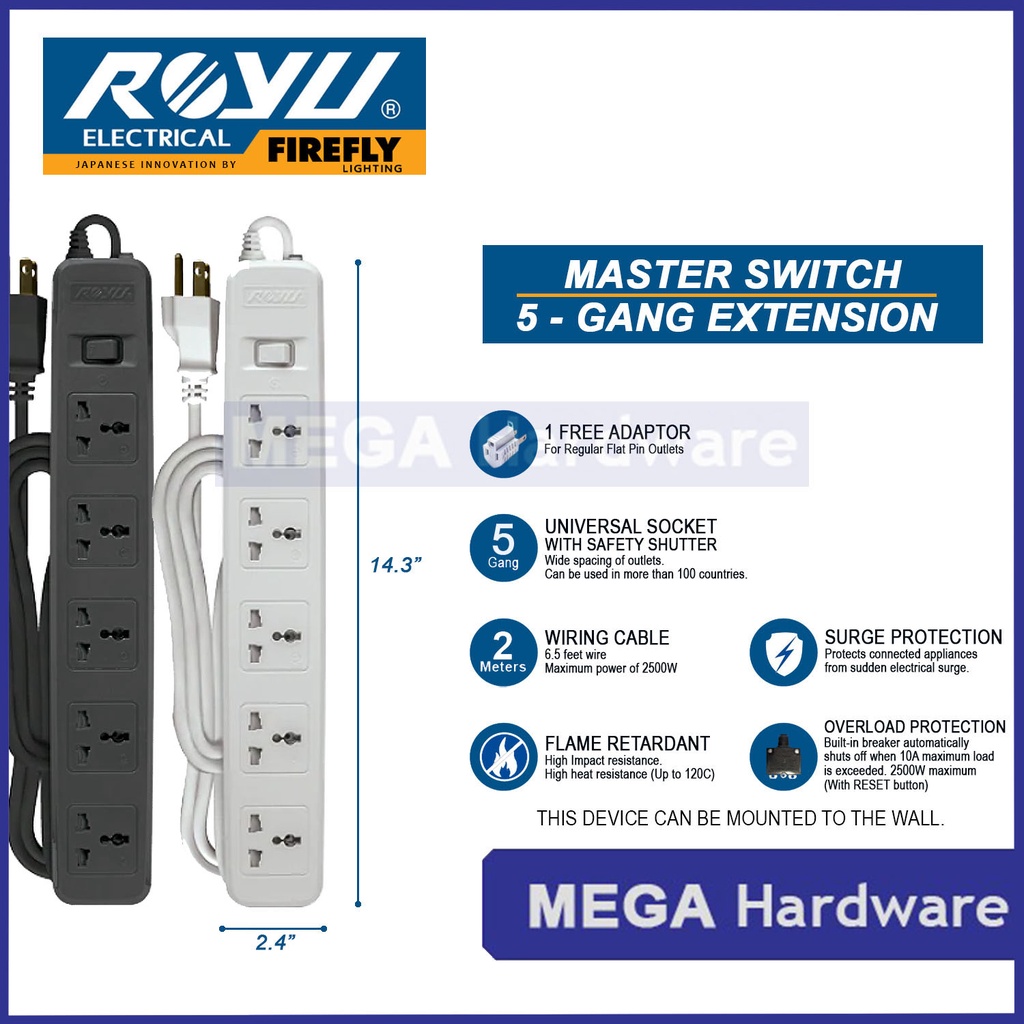 ROYU Extension Cord with Main Switch (with USB and USB Cable)(2 gang 4 ...