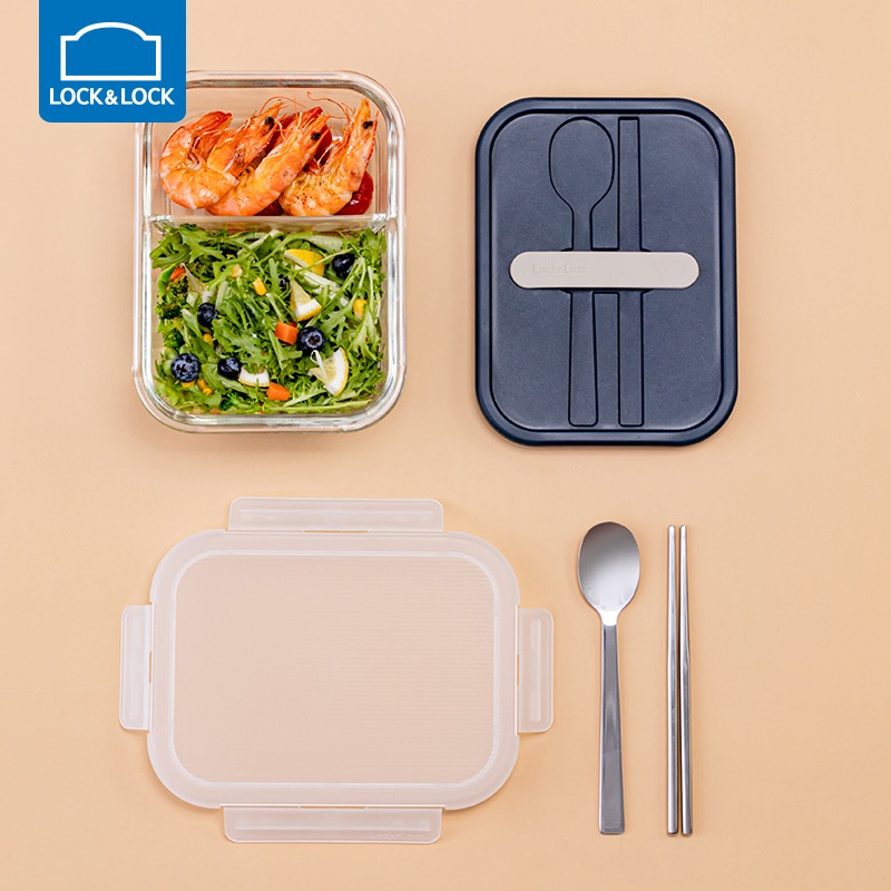 Locknlock glass lunch box divided into compartments with spoon and ...