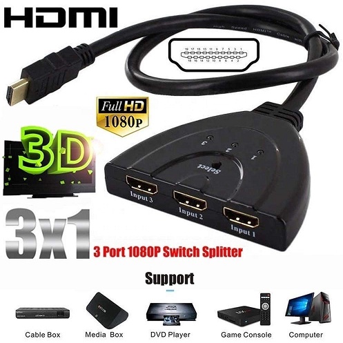HDMI Selector 3 Ports + Cable Output Switcher Splitter Spliter Branch 3 ...