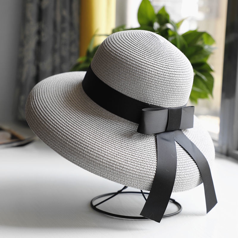 Retro Hepburn Black Influencer Straw Hat Sun Sunscreen Vacation Seaside