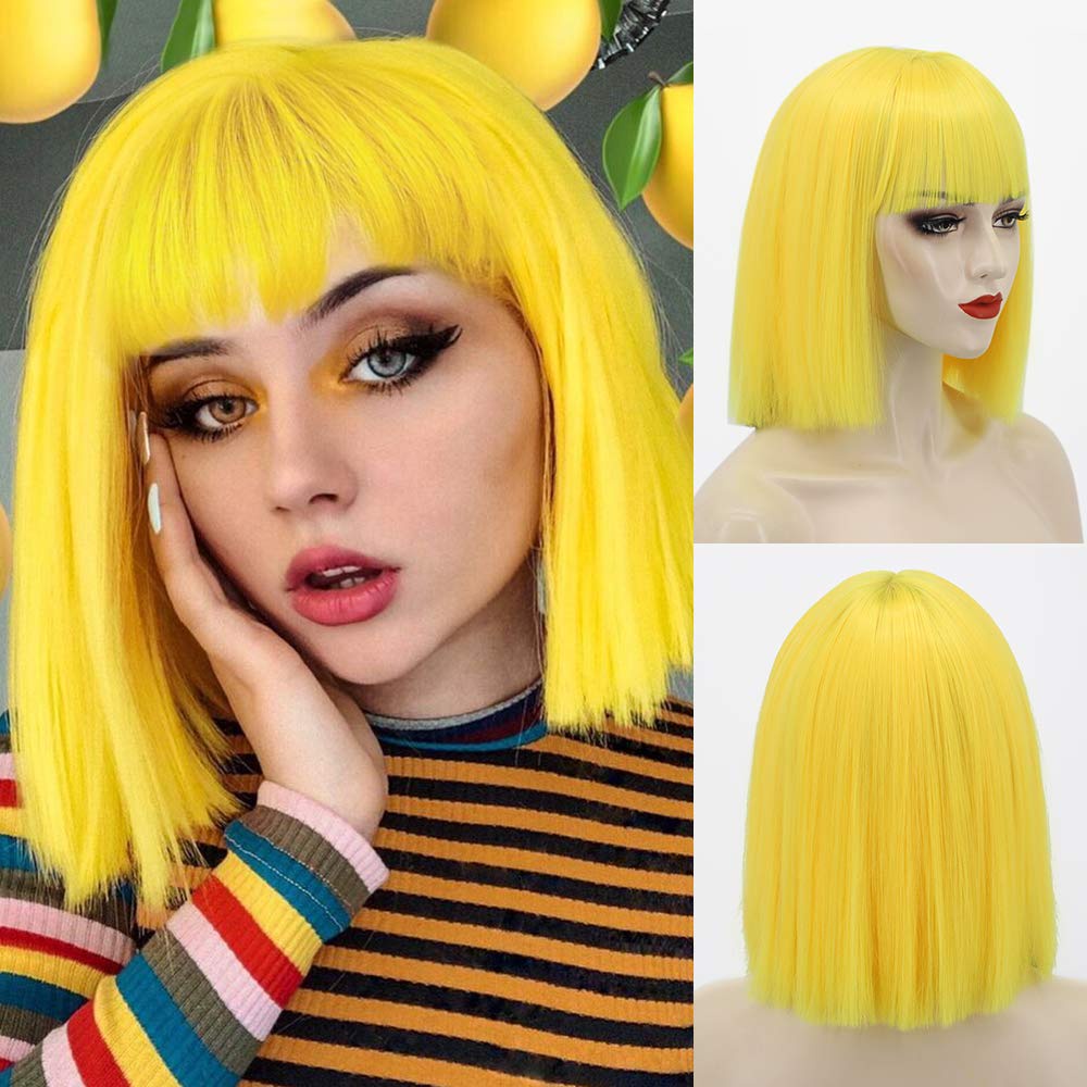 Synthetic Short Straight Yellow Wig With Bangs Pink Blonde Black Bob ...