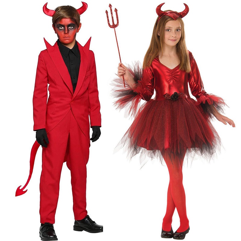 Kids Red Demon Devil Evil Jacket Pants Dress Halloween Cosplay Costumes ...