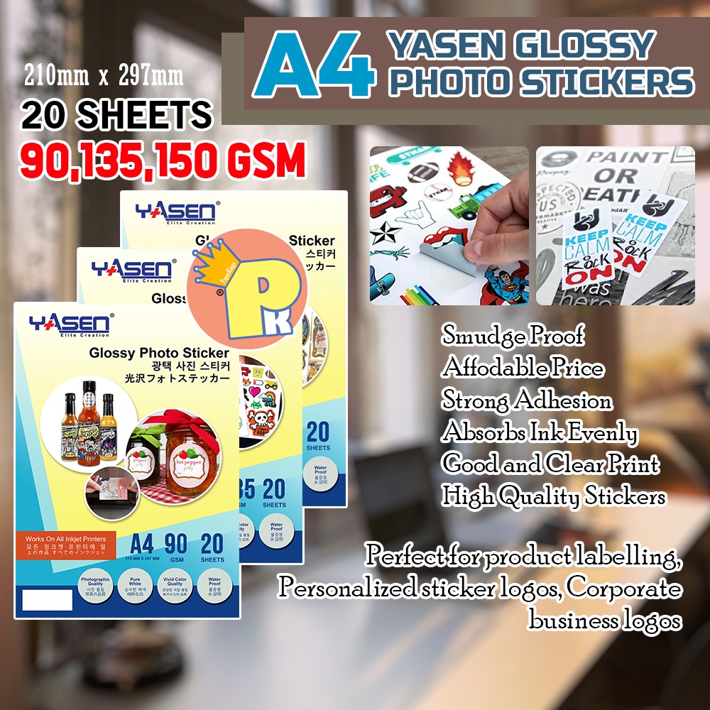 Yasen Glossy Photo Sticker 90GSM 135GSM 150GSM A4 for inkjet printer ...