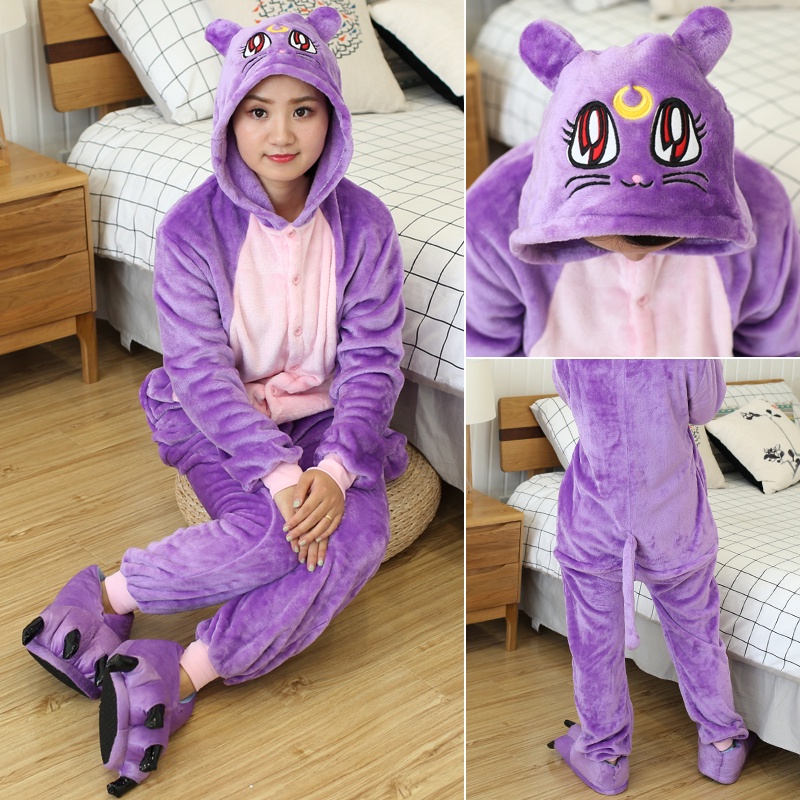 Winter Adult Animal Purple Cat Onesies Kigurumi Pajamas Cartoon ...