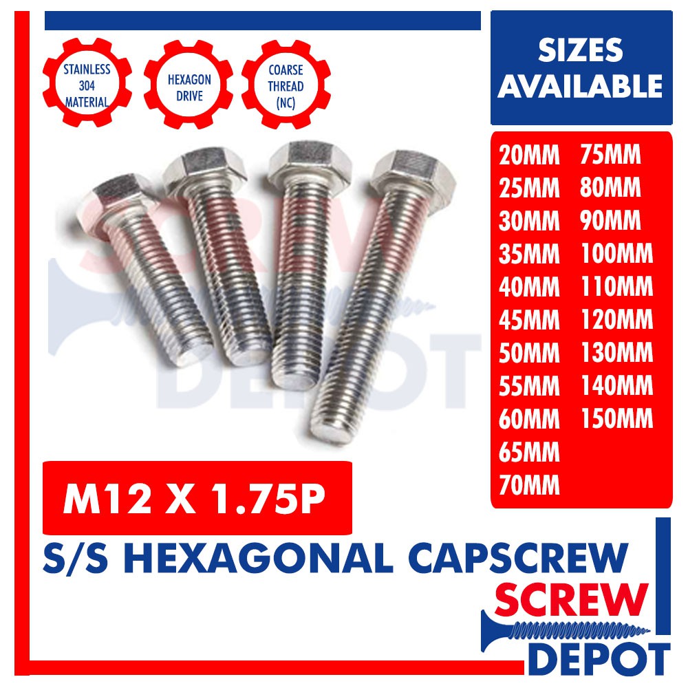 10PCS M12 ( 12MM ) SS Hex Bolt / Capscrew / Stainless Hexagonal Cap ...