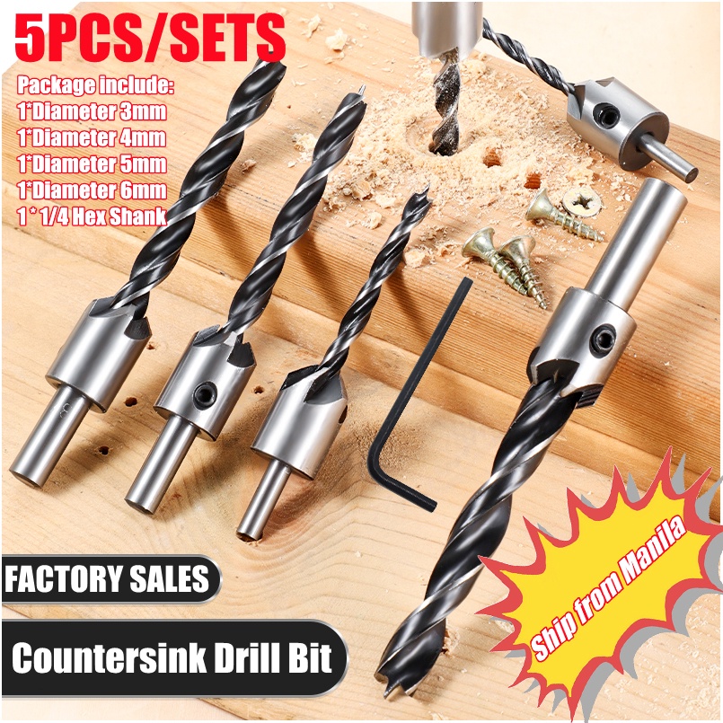 5pcs countersink drill bit set screw wood working 3-6mm tool chamfer ...