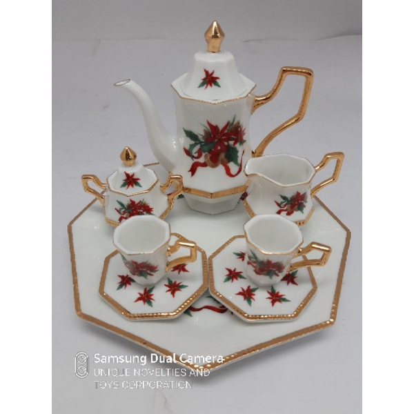PORCELAIN 10PCS MINI TEA SET DISPLAY X'MAS RED BOW HOLY BERRY DESIGN ...