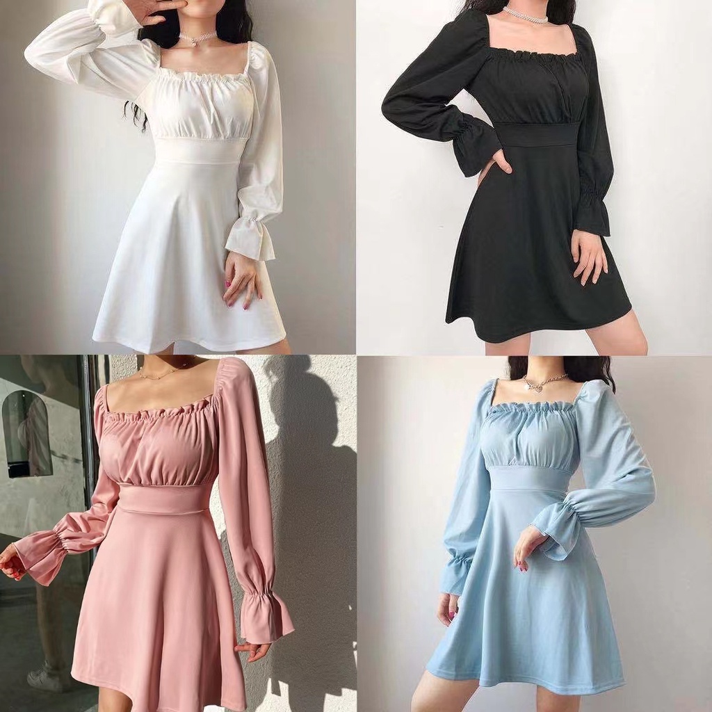 Antonet Vintage Style Square Neck Long Sleeves Ruffle casual Dress ...