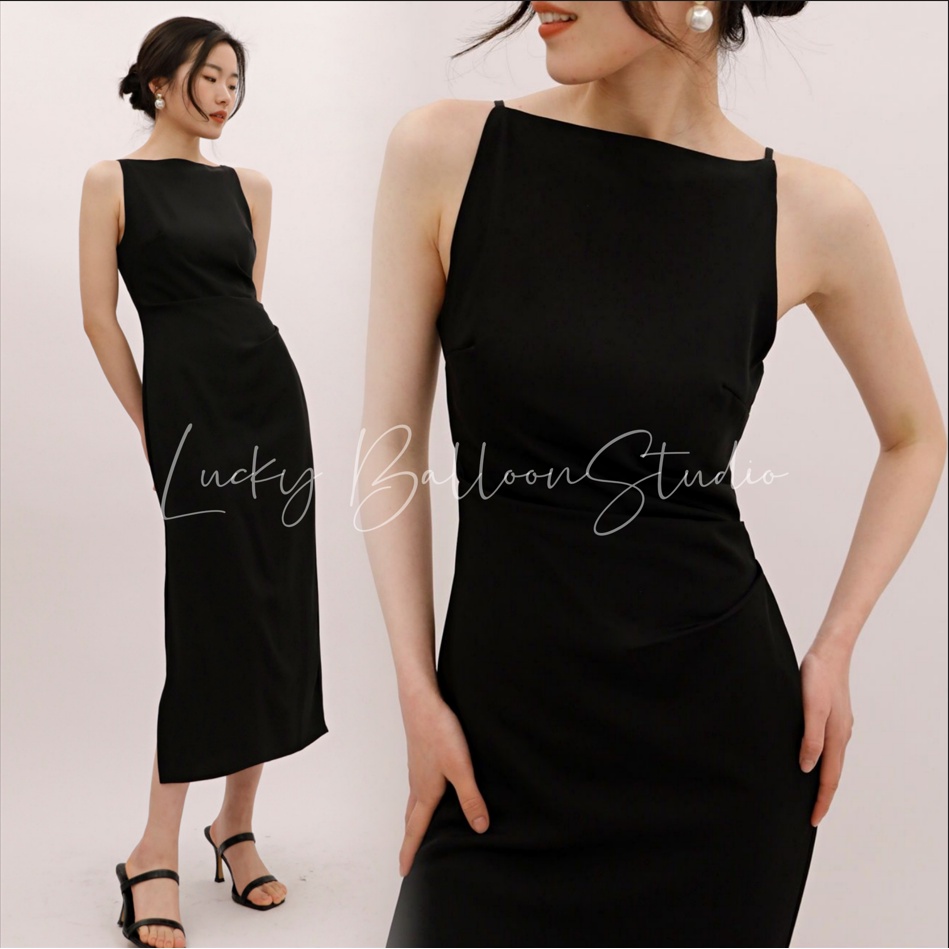Office Lady Line Pleated Neck Waist Slit Straight Tube Slimming Dress ...