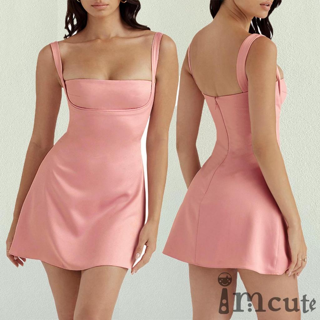 Imcute Women Summer Solid Color Mini Dress Low Cut Sling Sleeveless High Waist A Line One Piece