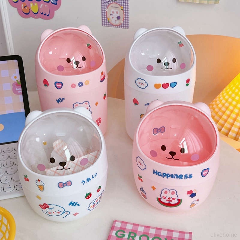 Cute Desktop Mini Flip Garbage Storage Bucket Cartoon Bear Office Pen ...