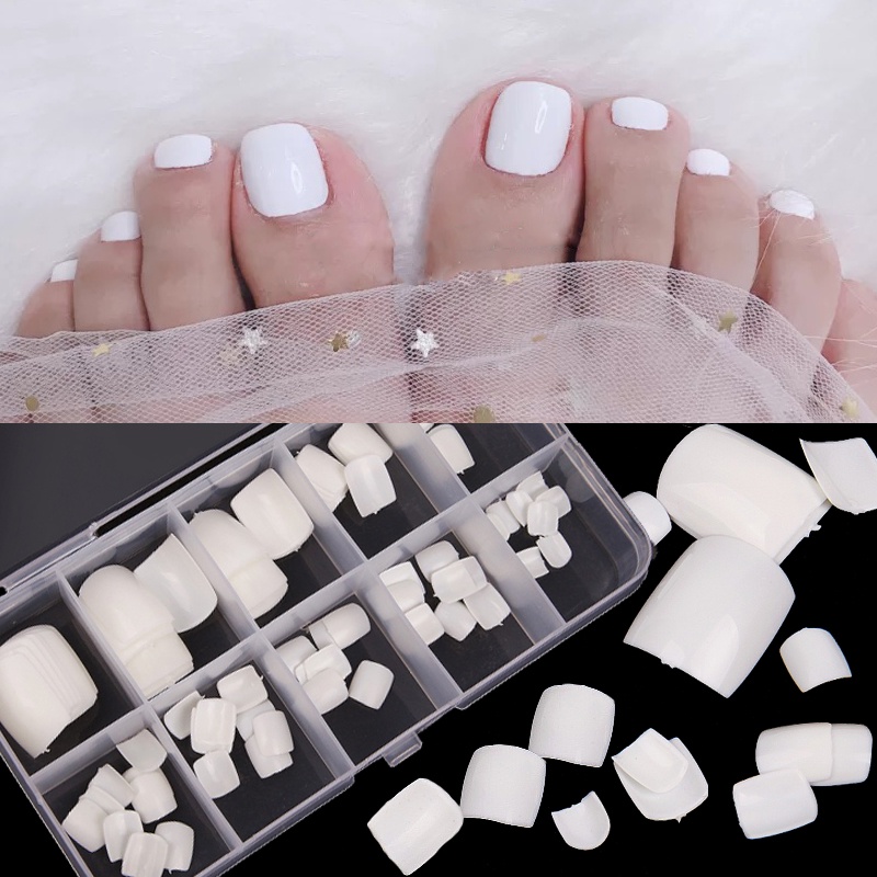100pcs Full Cover Fake Toenail Natural White Clear Press on Toe Foot ...