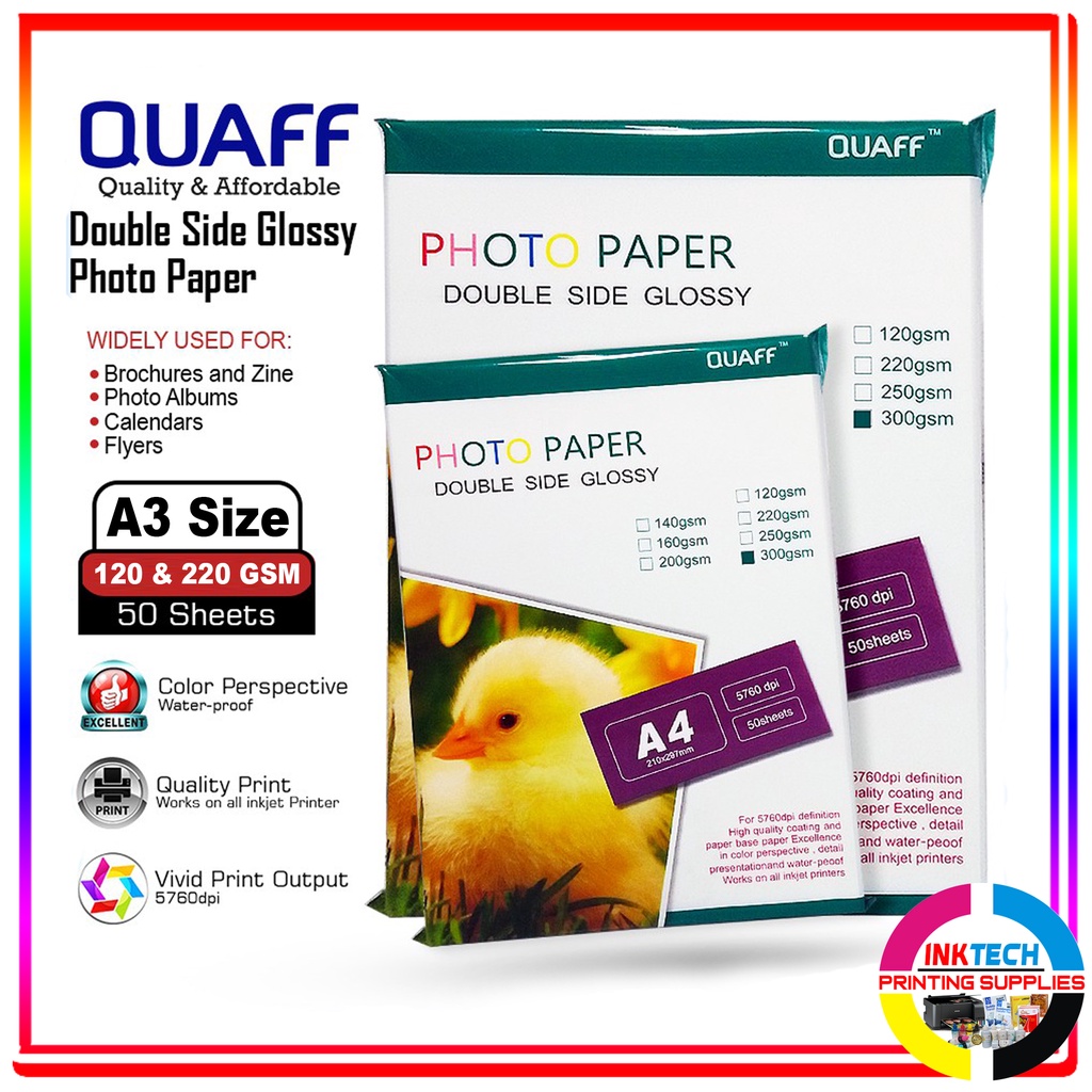 QUAFF 120 & 220gsm Double Sided A3 size Glossy Photo paper 50sheets ...
