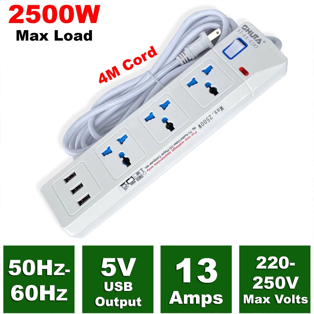 One Supermarket 2-4M Socket Extension Outlet 3 USB Ports, Extension ...
