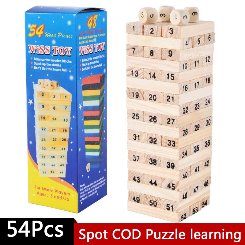 54Pcs Wooden Number Stacking Block Tower Toy Wooden Blocks Games Tower ...