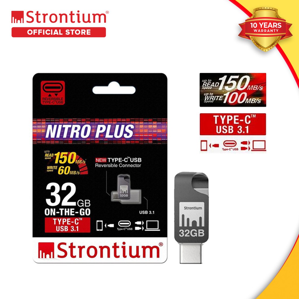 Strontium Nitro SR32GSLOTGCY Plus 32GB Dual USB type-C 3.1 Metal Flash ...