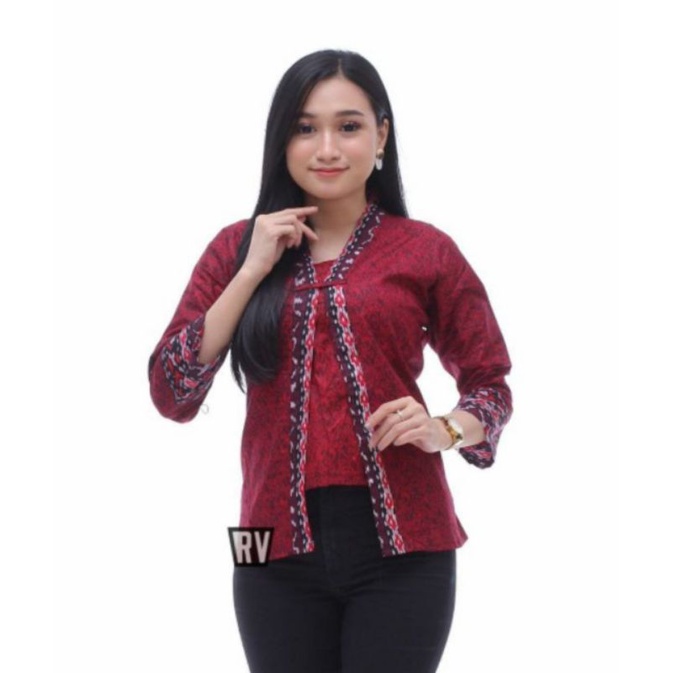 MERAH Women's BATIK Tops BLOUSE BOLERO MOTIF MEGA MENDUNG Red Color M L ...