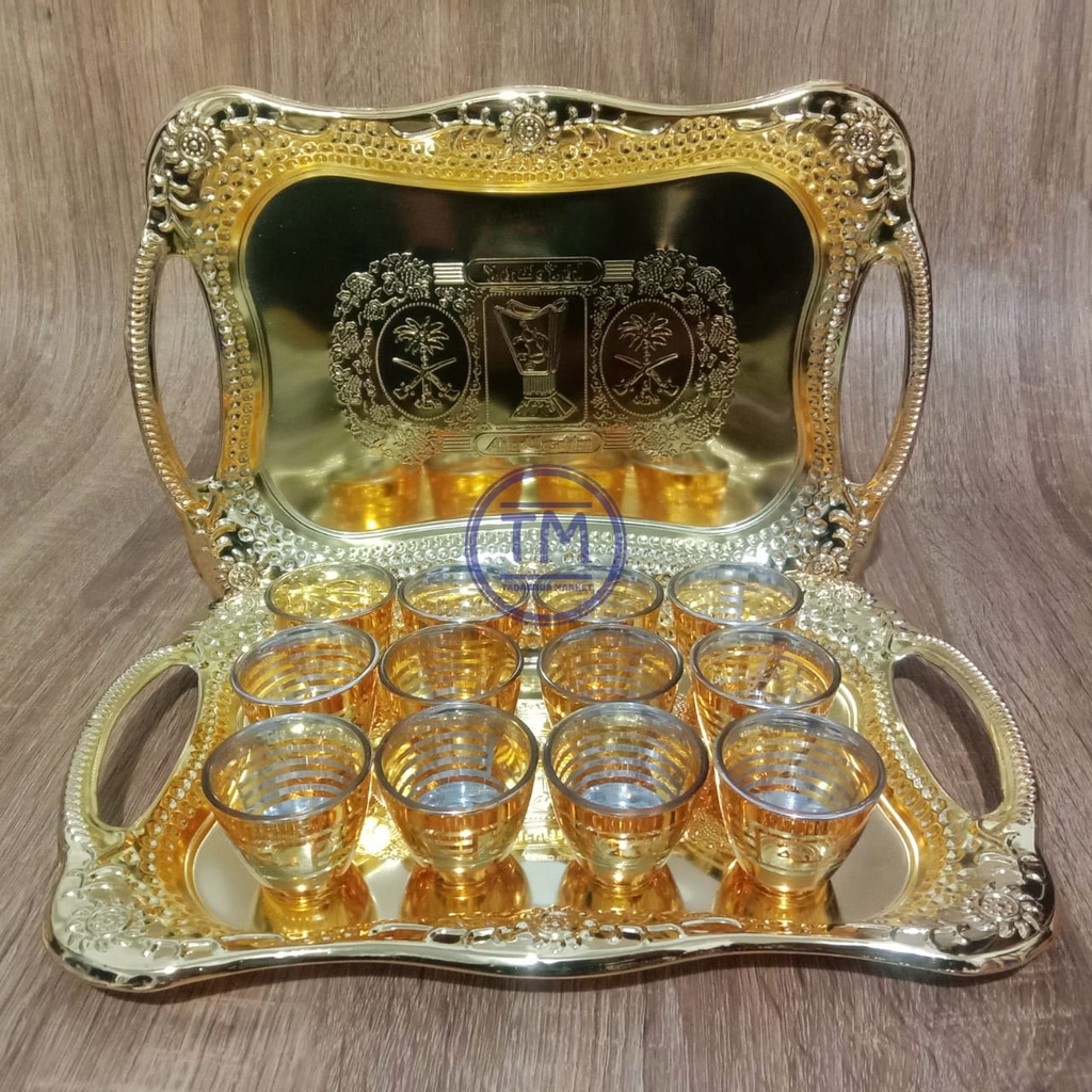 (MUST Order EXTRA SAFETY) Gold Arabic Tray Package + 12 Pcs Gold zam-zam Water Glasses Package 1 ...