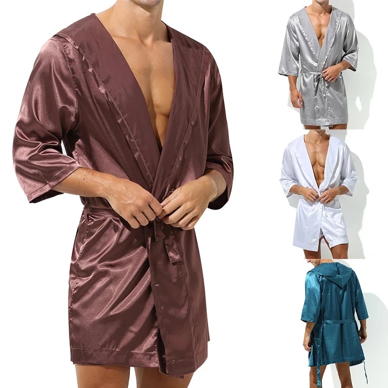 Men Shiny Robes Sexy Ice Silk Men Bathrobe Sleepwear Short Sleeve Bath ...