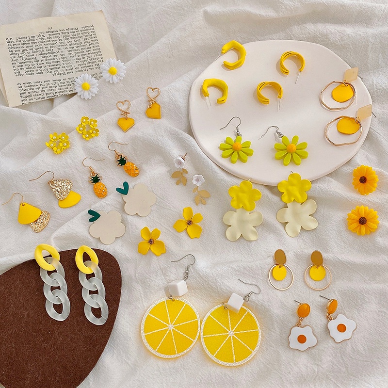 2021 Summer Yellow Piercing Earrings Set Drop Earrings for Women Korean ...