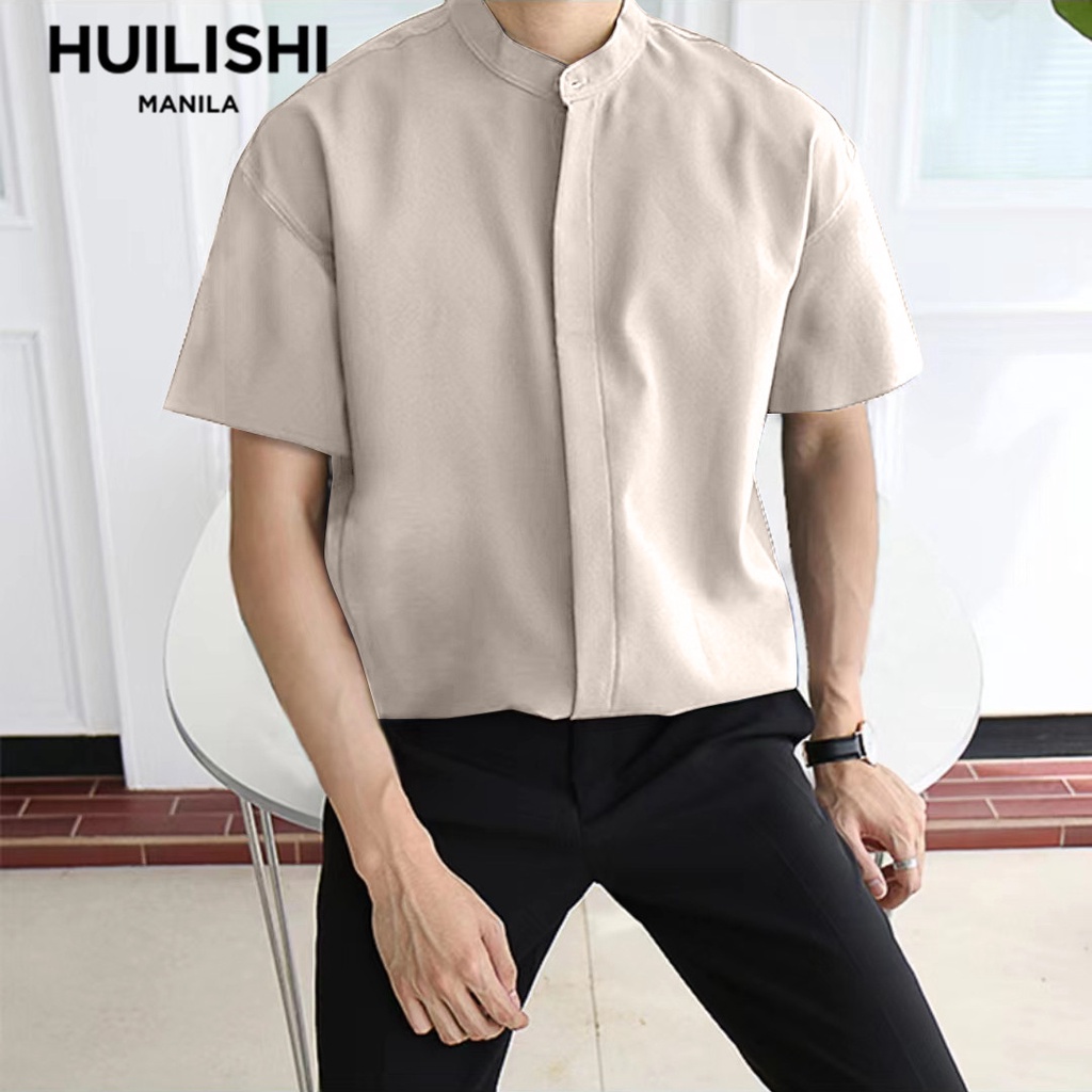 HUILISHI Elegant Chinese Collar Men's Button Down Short Sleeve Shirt ...