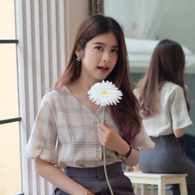 New-Rinda Secret top from Mali classic-V-Neck Plaid Shirt With Front Button | Shopee Philippines