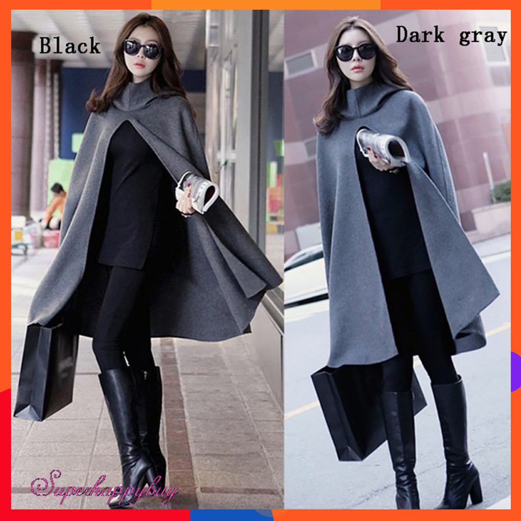 Korean Fashion Women's Hooded Cardigan Woolen Cape Cloak Shawl | Shopee ...