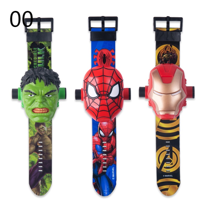 Disney cartoon children watch 3D projection cartoon superheroes spider ...