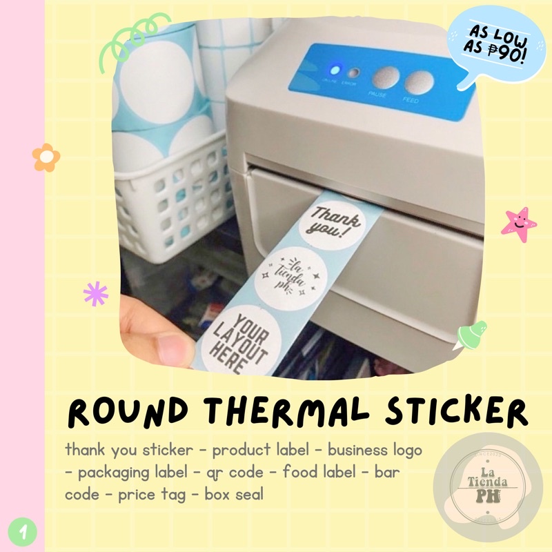 100 PCS | Round Customized Thermal Sticker | Black & White Print Only ...