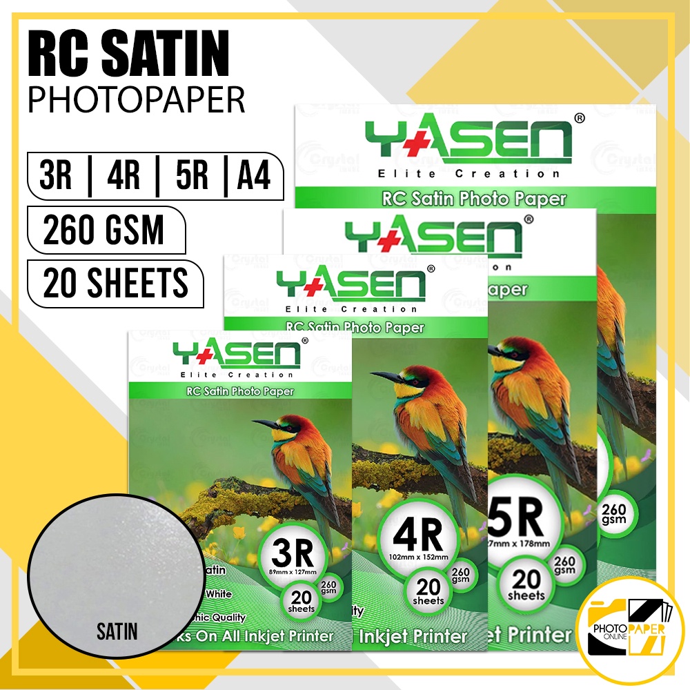 YASEN RC Satin Photo Paper 260gsm 3R | 4R | 5R | A4 Sizes 20 Sheets ...