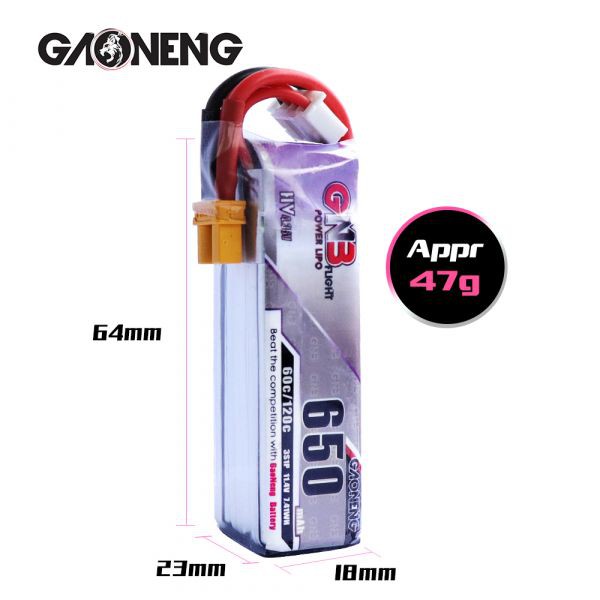 GAONENG GNB 3S LiPo 650mAh XT30 HV 11.4v 60C Longer Flying Time for 2.5inch Toothpick FPV ...