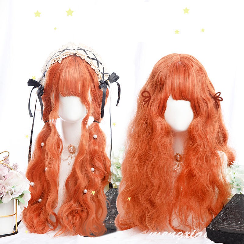 Orange Color Long Curly Hair Wig Cosplay Lolita Korean Air Bangs Matte ...