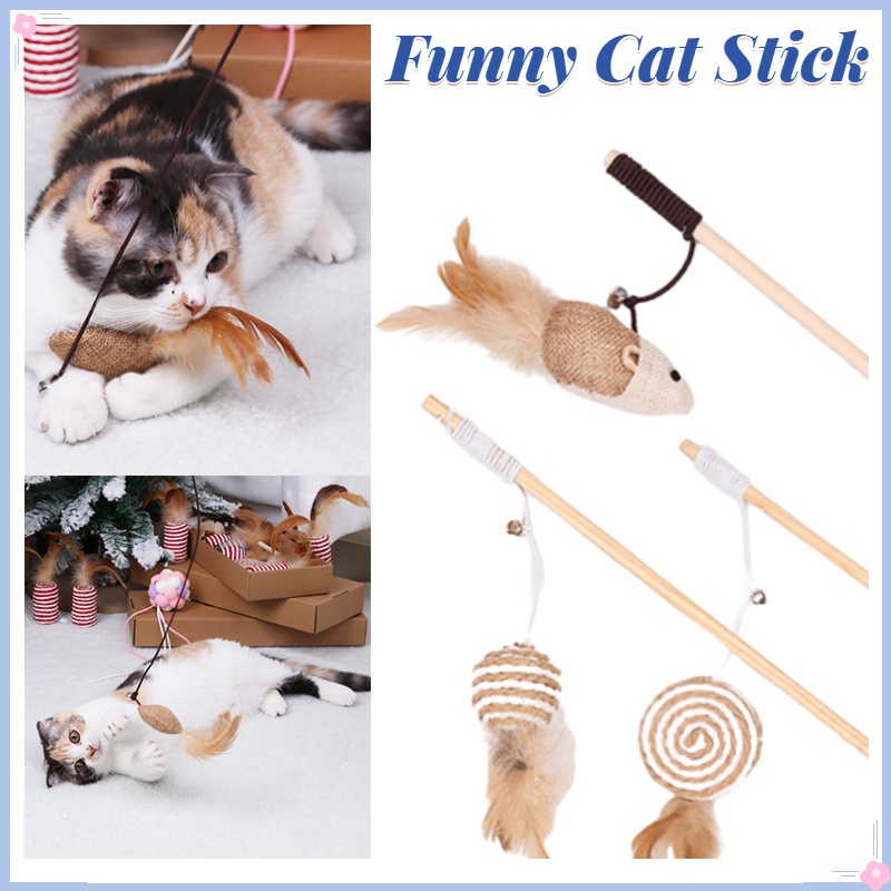 Cat Toy Pet Teaser Play Bell Feather Stick Mouse Interactive Funny Cat ...