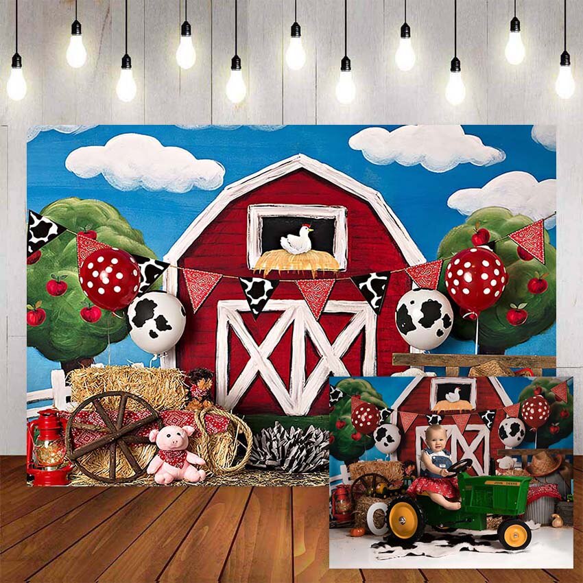 Farm Theme Red Barn Photography Background Farmyard Animals Photocall ...