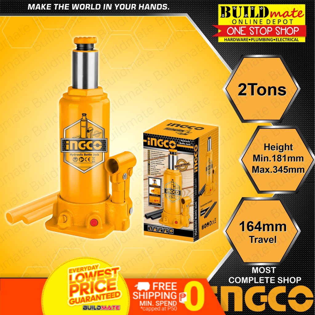 BUILDMATE Ingco Hydraulic Bottle Jack 2 TONS with Safety Valve (2.6kg ...