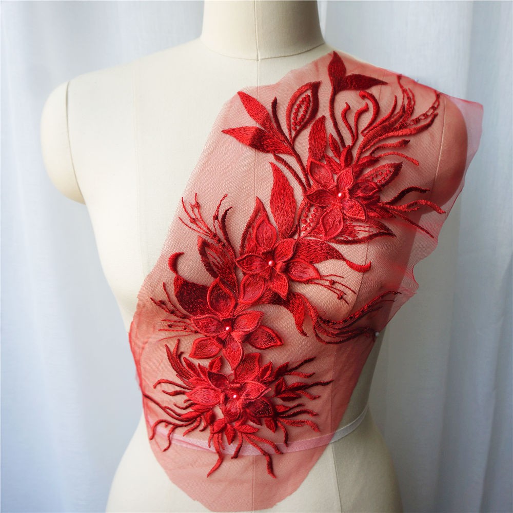 Red Embroidery Lace Applique Sewing Beads Flower Fabric Collar Patch ...