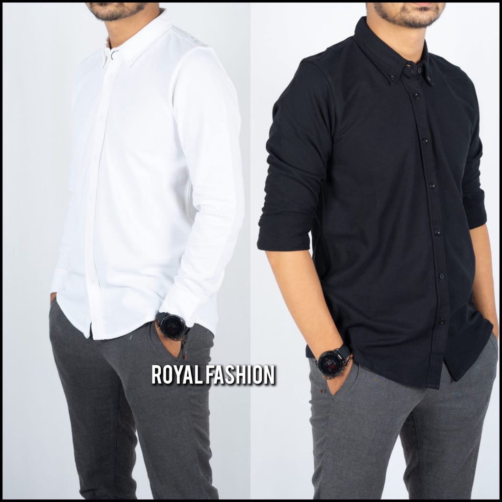 PRIA PUTIH KEMEJA HITAM Men's Casual Shirts Plain Black White Long ...