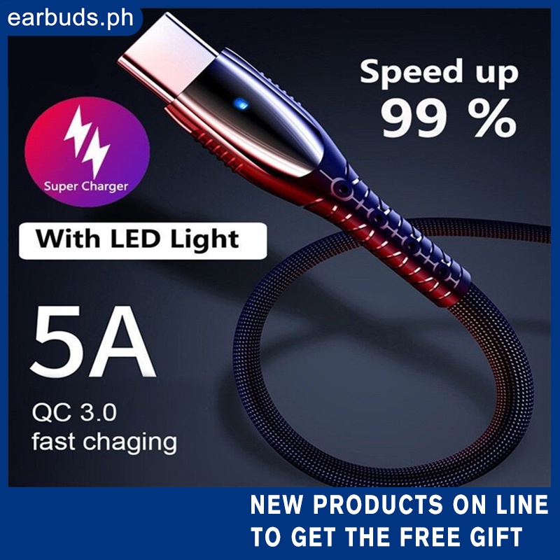 (COD)5A Fast Charger LED Light iPhone/Micro USB / Type C Charging Cable ...