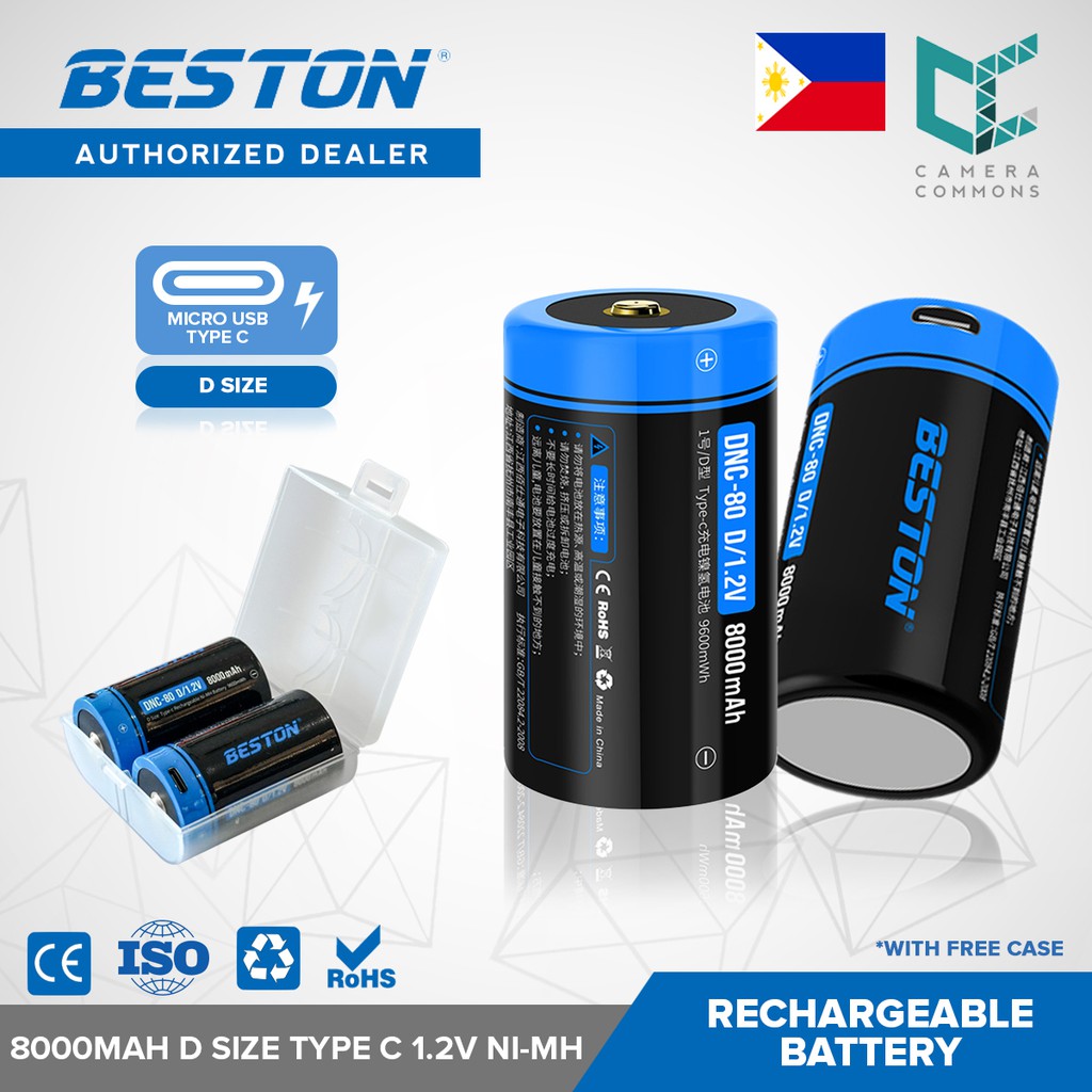 2pcs Beston 8000mAh D Size Type C 1.2V Ni-MH Rechargeable Battery with ...