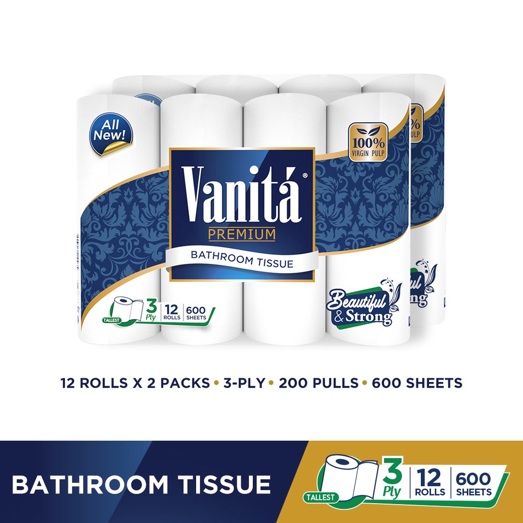 VANITA BATHROOM TISSUE - 3PLY - 200 PULLS 600 SHEETS - 12 ROLLS X 2 ...