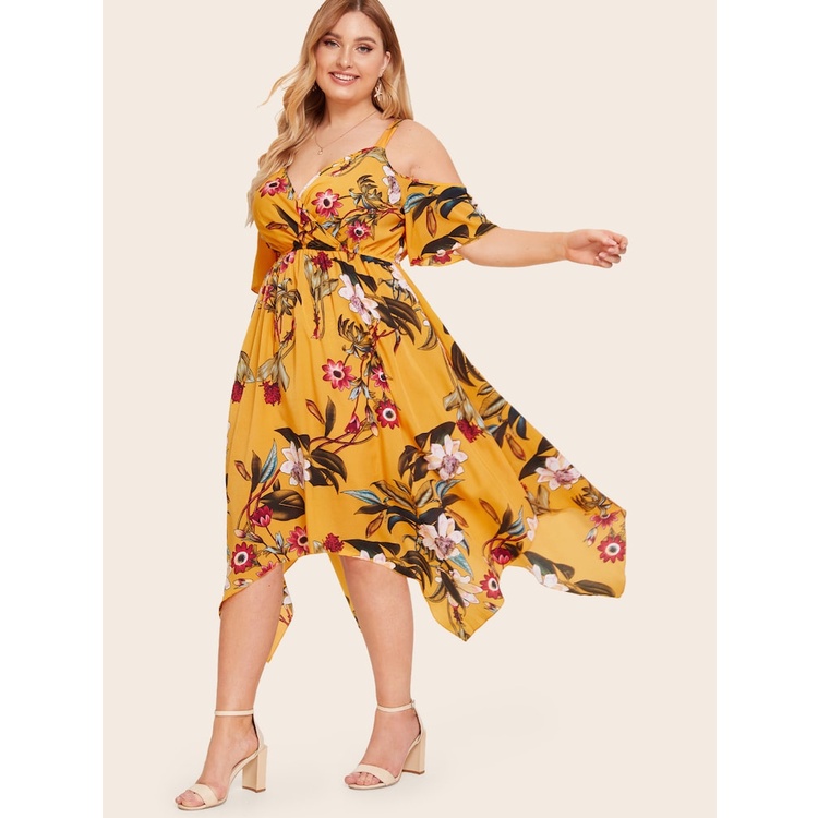 A2257 Miss Muse Cold Shoulder Asymmetrical Hem Floral Plus Size Dress ...