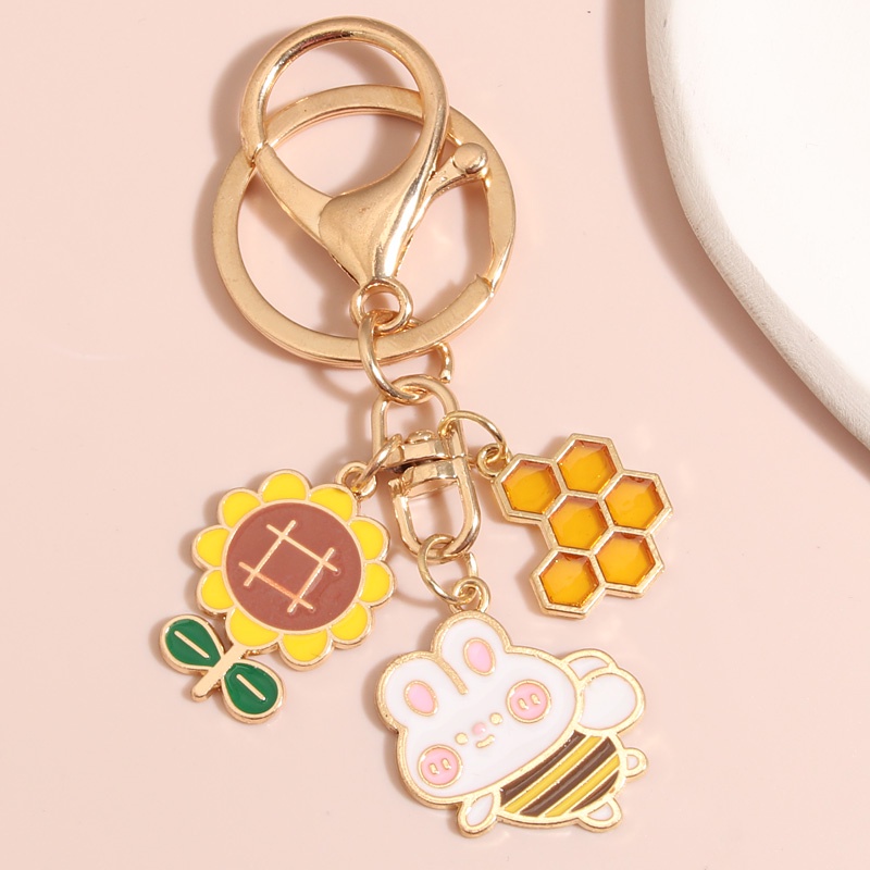 Cute Enamel Keychain Sunflower Honeycomb Rabbit Bee Key Ring Animal Key ...