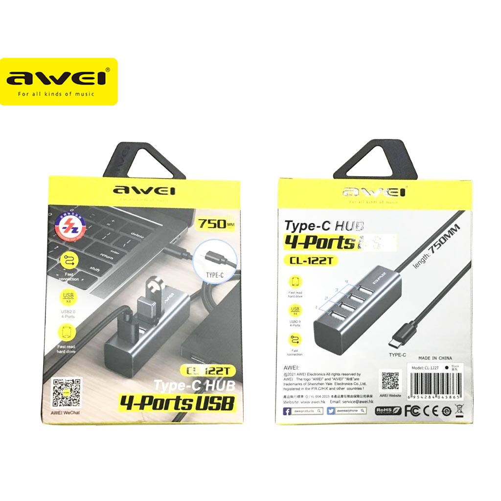 Awei CL-122T Type-C Hub Adapter to USB 2.0 4 Ports for PC 750mm Length ...
